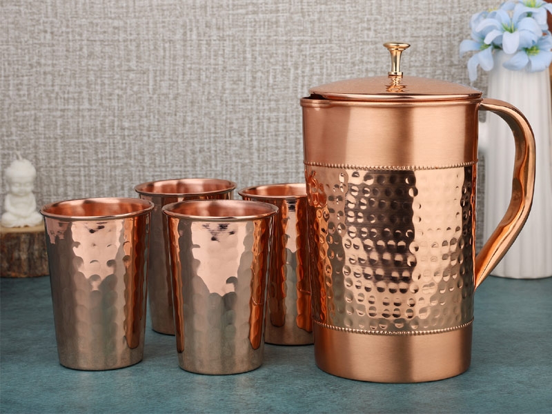 Hammered & Plain Copper Jug Set with 4 Tumblers for Ayurveda