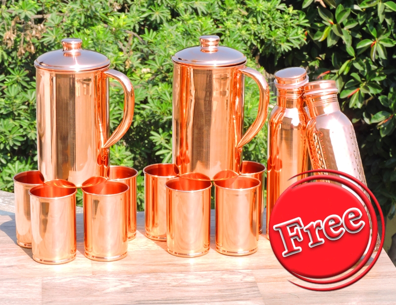 Two Plain Copper Jug with Eight Tumblers- Get 2 Copper Water Bottle 600 ...