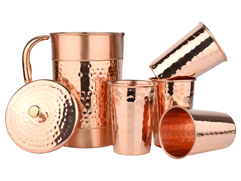 Hammered & Plain Copper Jug Set with 4 Tumblers for Ayurveda
