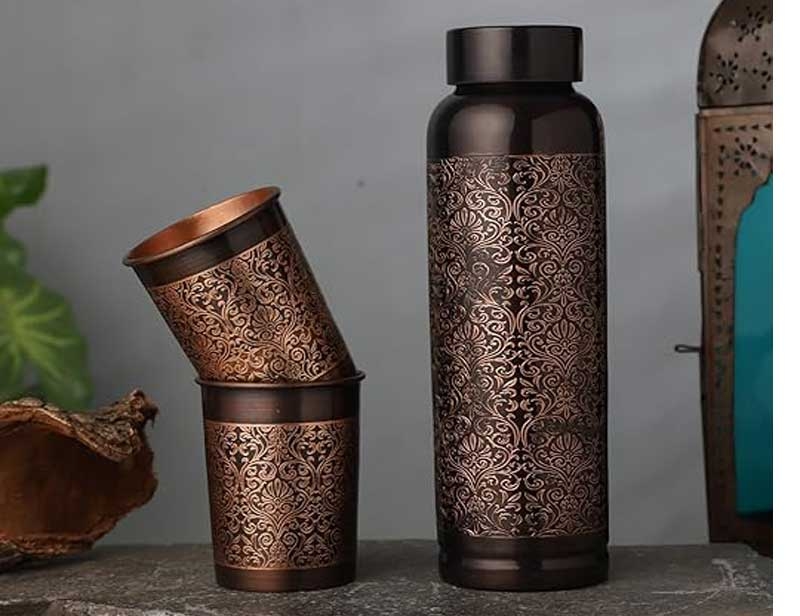 Pure Copper Water Bottle with Tumblers Etching Pattern