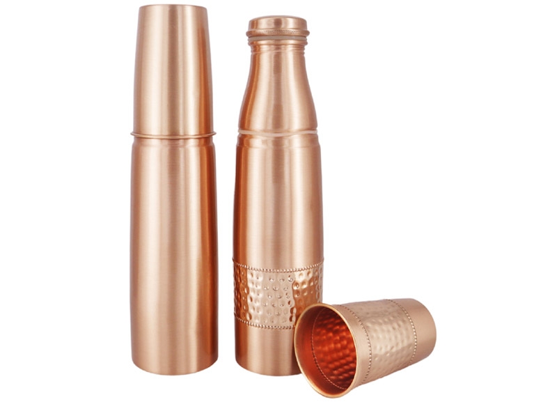 Set of Pure Copper Water Bottles Plain & Hammered with Tumblers 1000ML