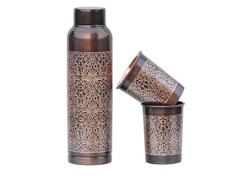 Pure Copper Water Bottle with Tumblers Etching Pattern