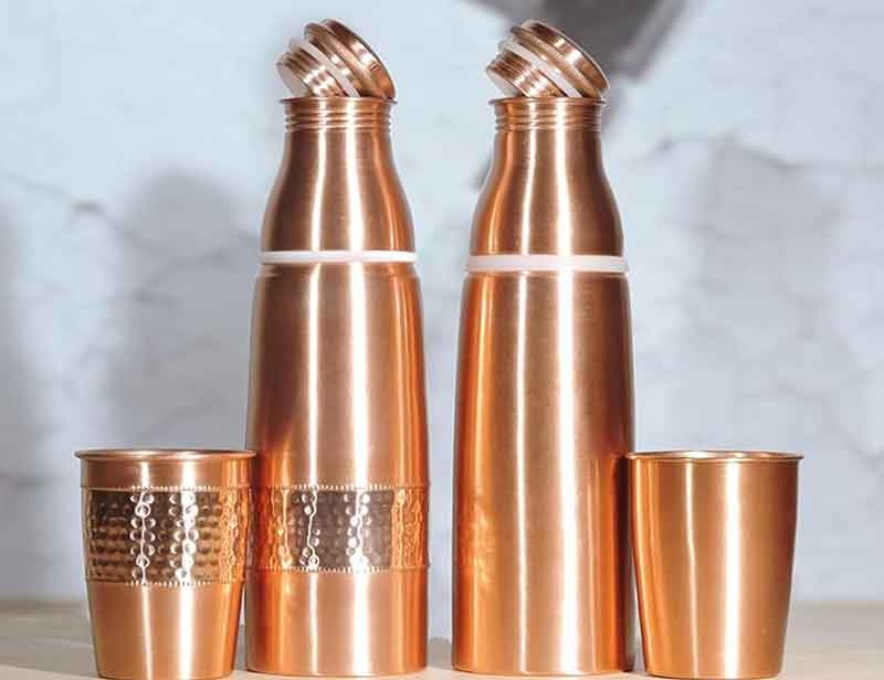 Set of Pure Copper Water Bottles Plain & Hammered with Tumblers 1000ML