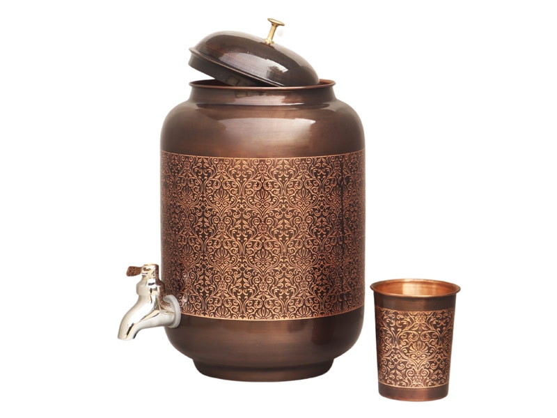 Eight Liter Copper Water Dispenser with Matching Tumblers